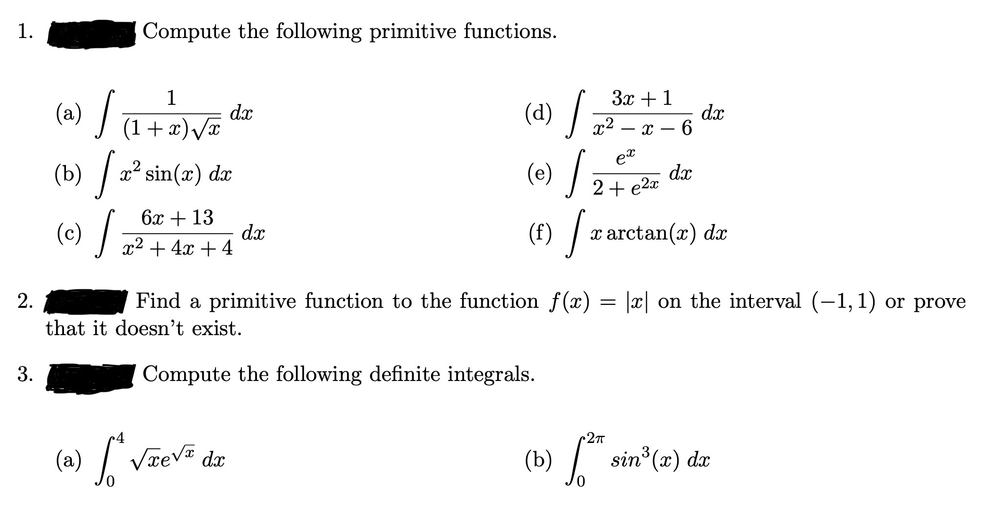 1. Compute the following primitive functions. (a) | Chegg.com