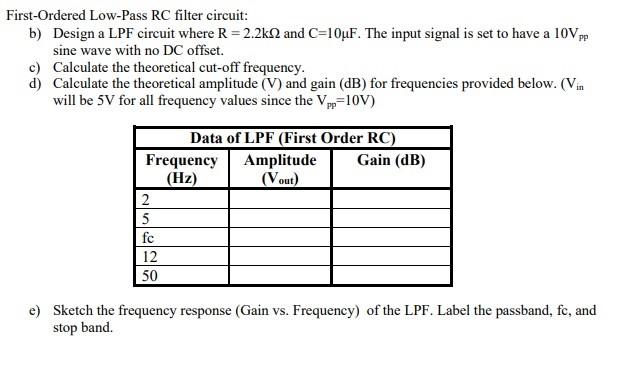 Solved First-Ordered Low-Pass RC filter circuit: b) Design a | Chegg.com