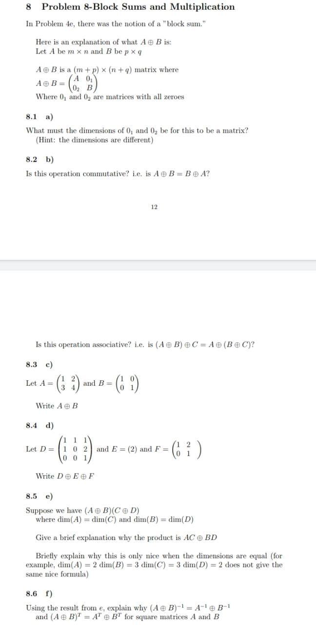 Solved 8 Problem 8-Block Sums and Multiplication In Problem | Chegg.com
