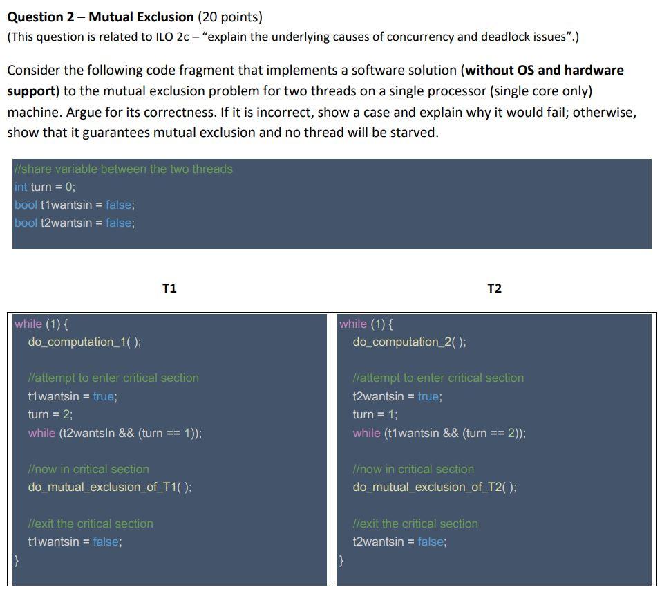Solved Question 2 - Mutual Exclusion (20 points) (This | Chegg.com