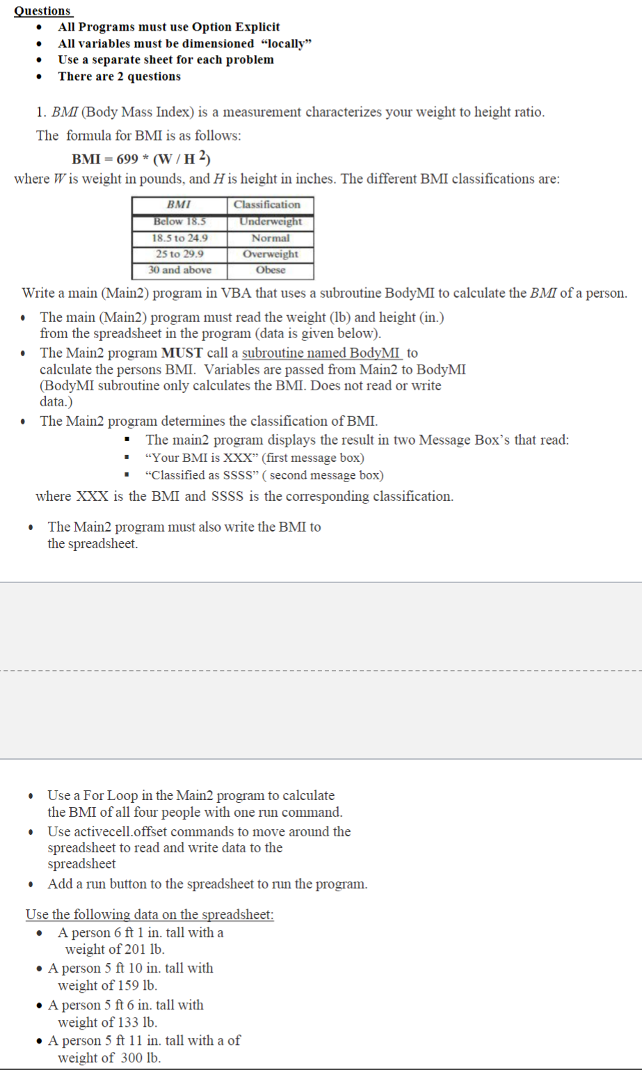Solved Please use Excel VBA****** ﻿: QuestionsAll Programs | Chegg.com