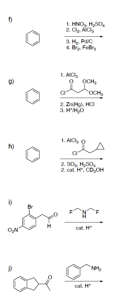 Solved f) 1. HNO3, H2SO4 2. Cl2, AICI: 3. H2, Pd/C 4. Brą, | Chegg.com