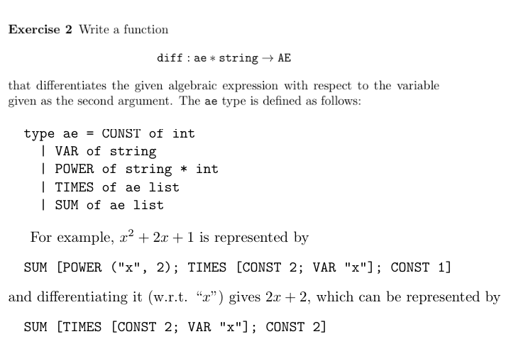 Exercise 2 Write a function diff : ae * string → AE | Chegg.com