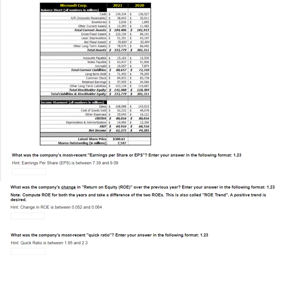 Solved Microsoft Corp. 2021 2020 Balance Sheet (all numbers | Chegg.com