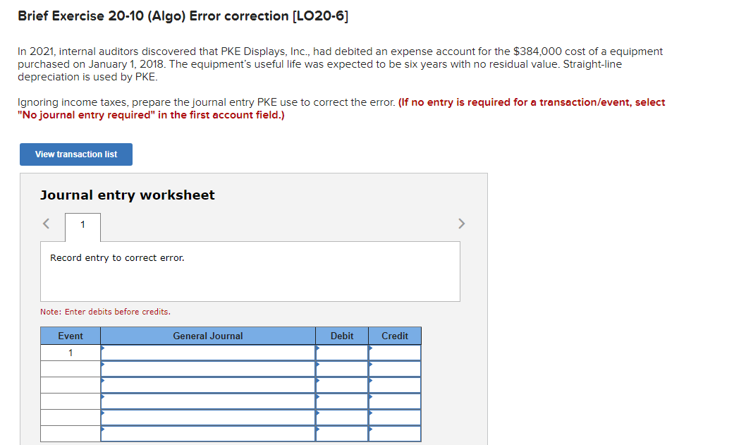 Solved Brief Exercise 20-10 (Algo) Error correction [LO20-6] | Chegg.com