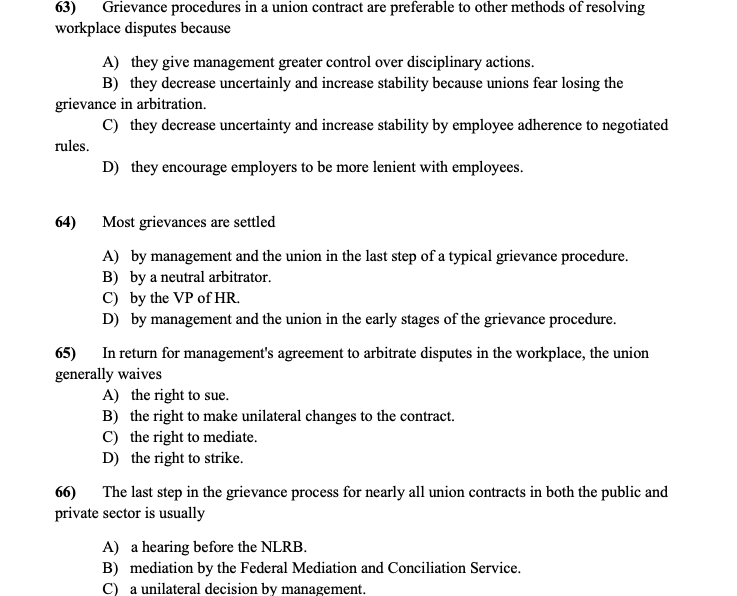 Solved 63) Grievance procedures in a union contract are | Chegg.com