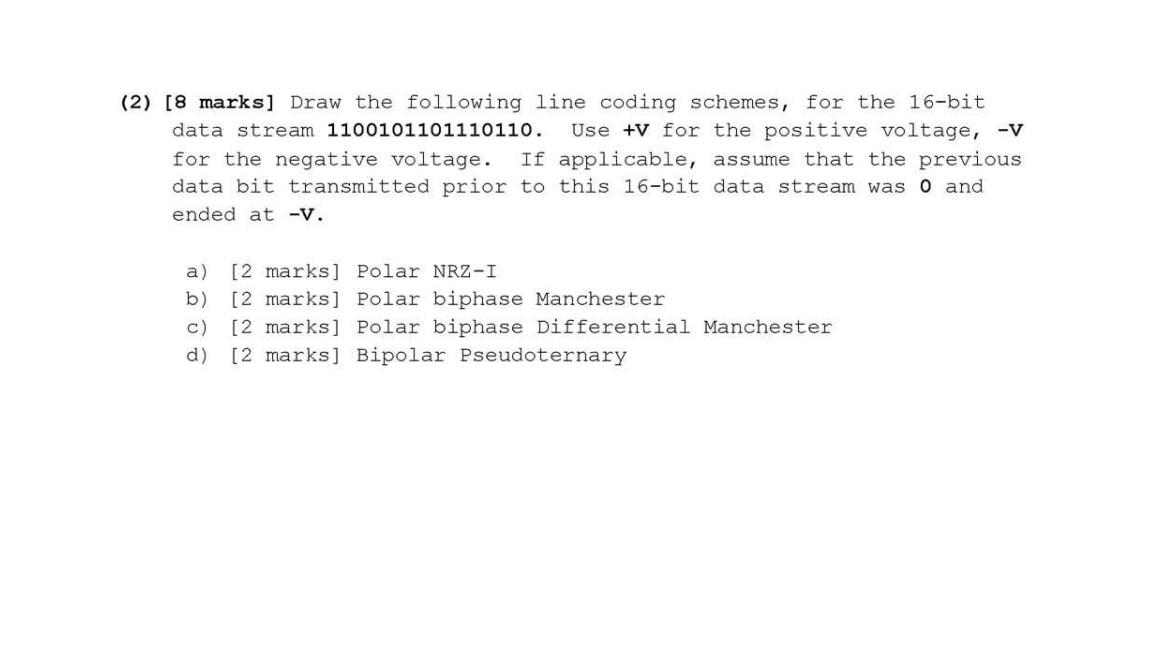 Solved (2) [8 marks] Draw the following line coding schemes, | Chegg.com