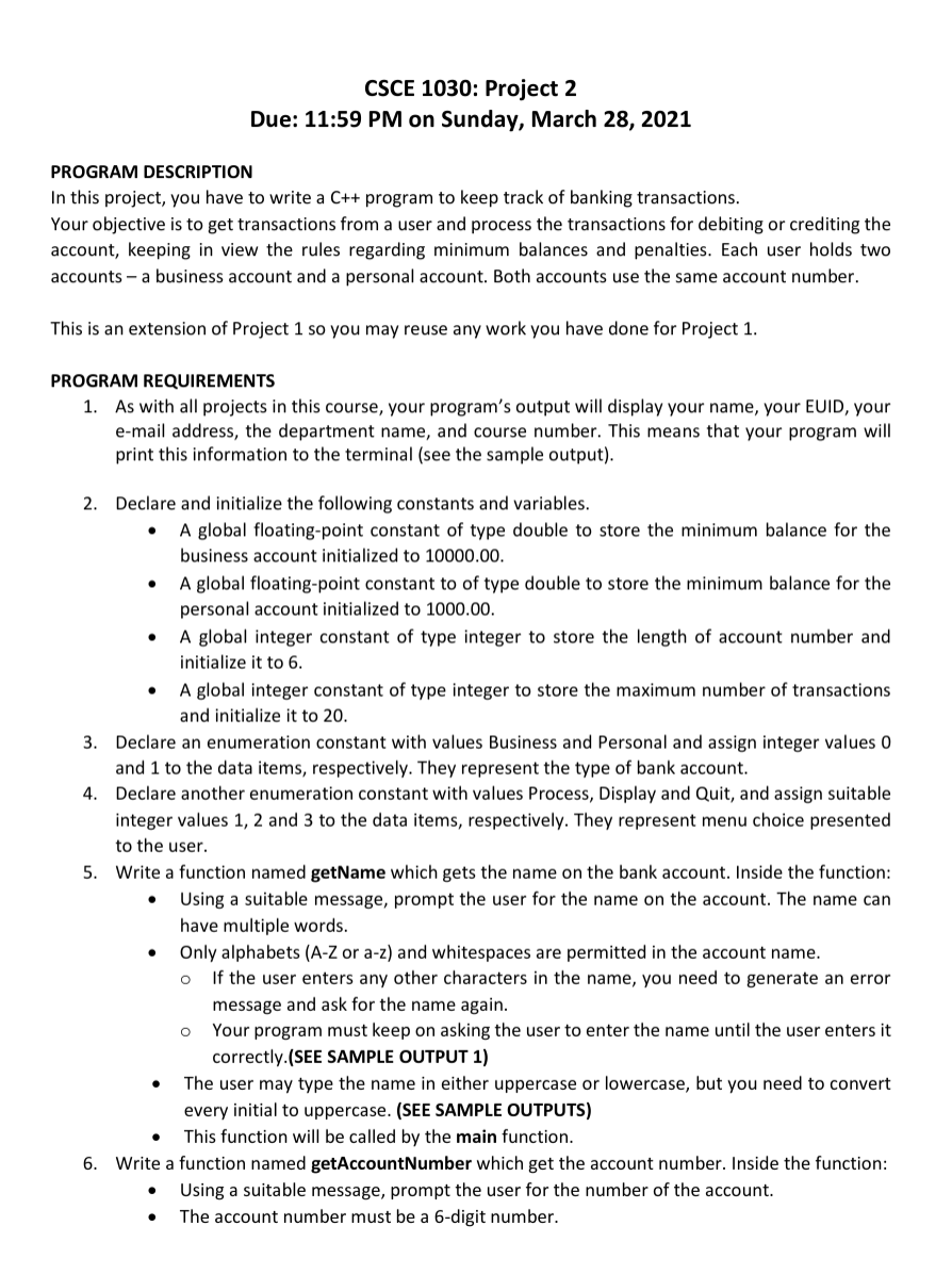 CSCE 1030: Project 2 Due: 11:59 PM on Sunday, March | Chegg.com