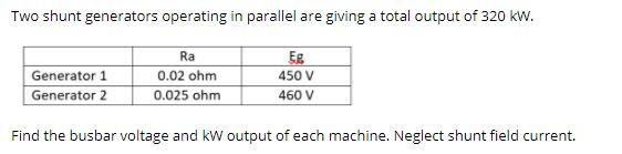 Solved Two shunt generators operating in parallel are giving | Chegg.com