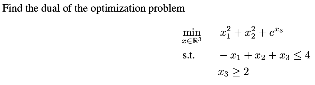 Solved Find the dual of the optimization problem minx∈R3 | Chegg.com