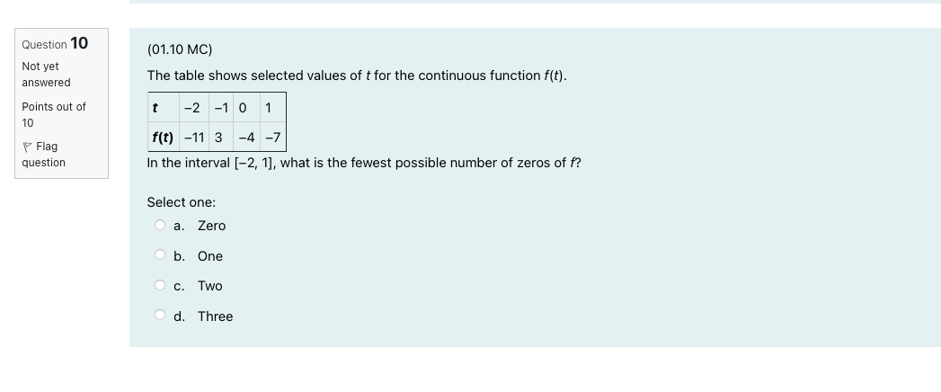Solved Question 10 Not yet (01.10 MC) The table shows | Chegg.com
