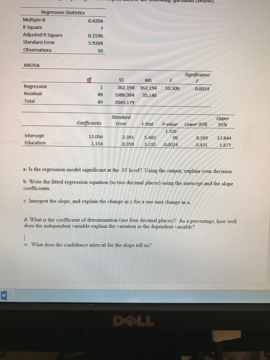 Solved a: Is the regression model significant at the 05 | Chegg.com
