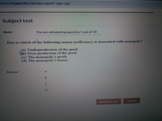 Solved perts.cheggindia.com/qa-expert-sign-up/ Subject test | Chegg.com