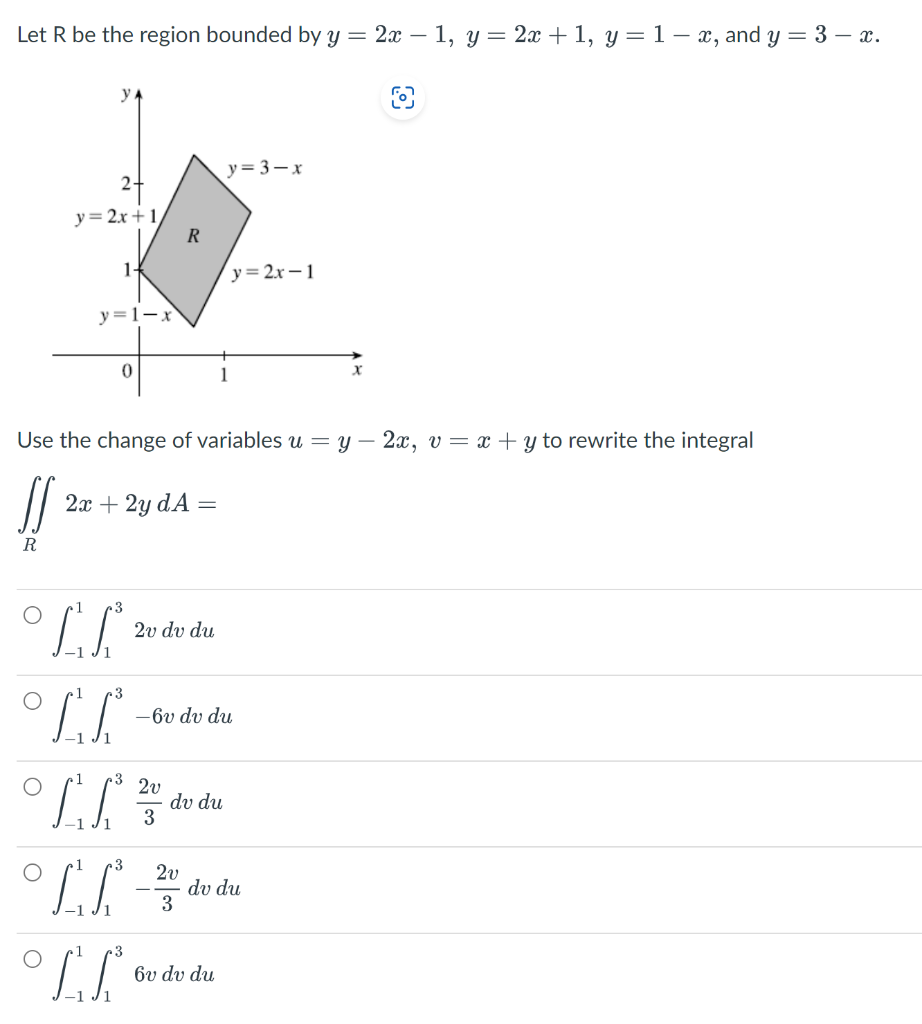 Solved Let R be the region bounded by y=2x−1,y=2x+1,y=1−x, | Chegg.com