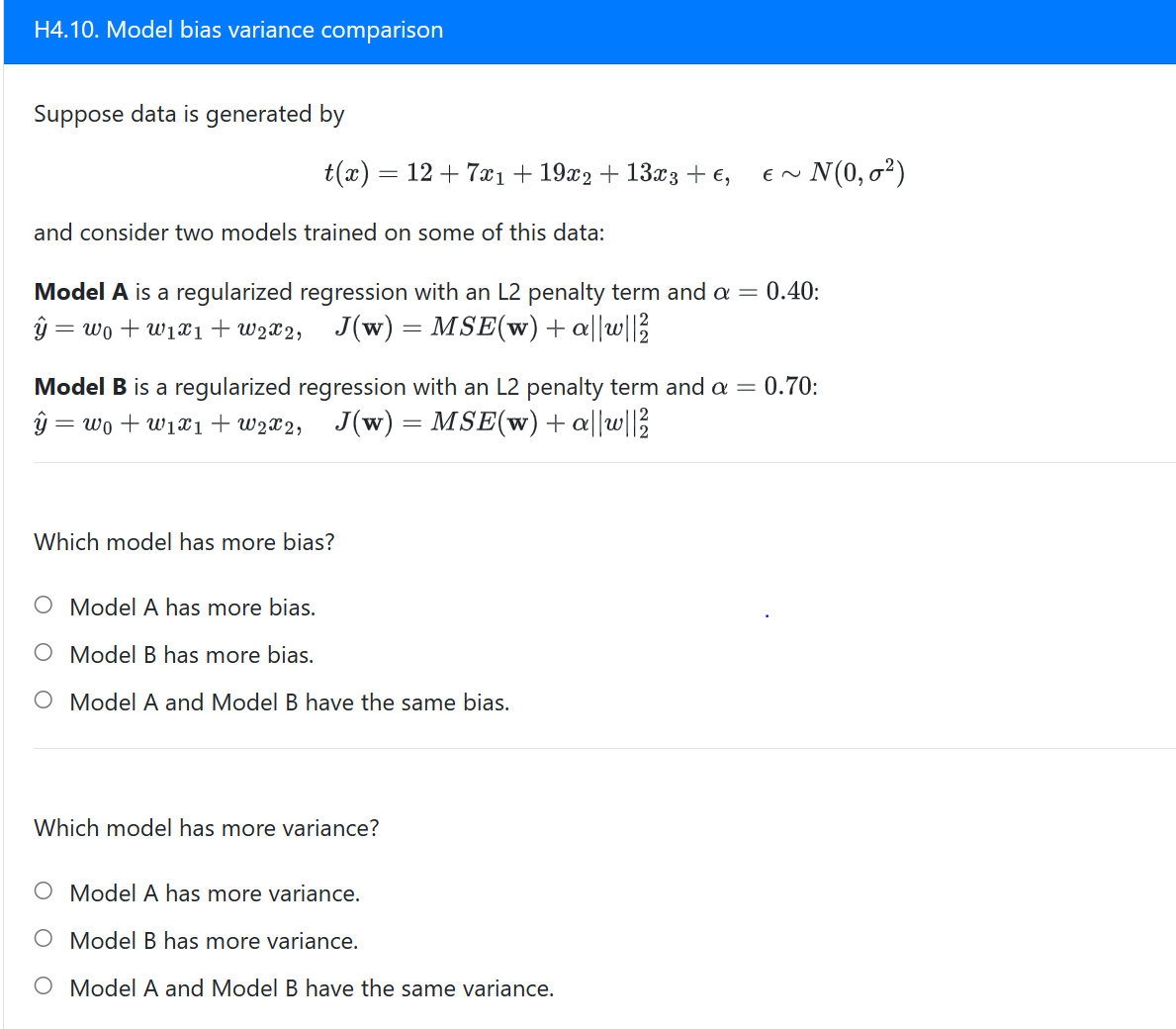 Solved H4.10. Model bias variance comparison Suppose data is | Chegg.com