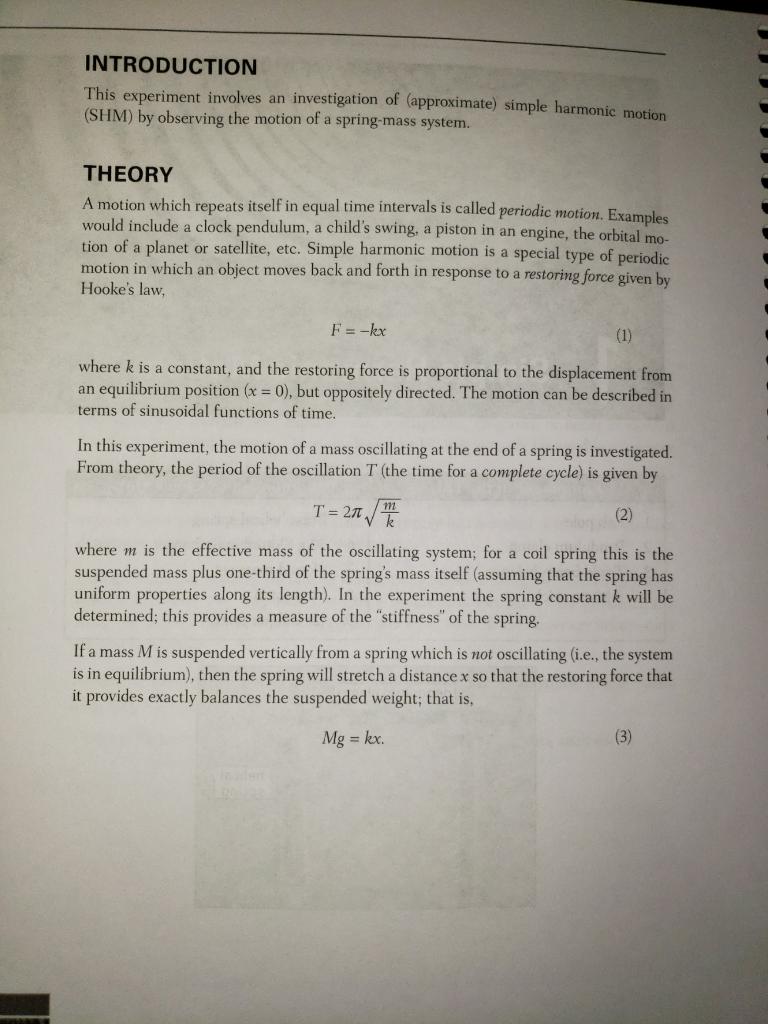 Solved Simple Harmonic Motion Equipment in the Lab 1. Lab | Chegg.com