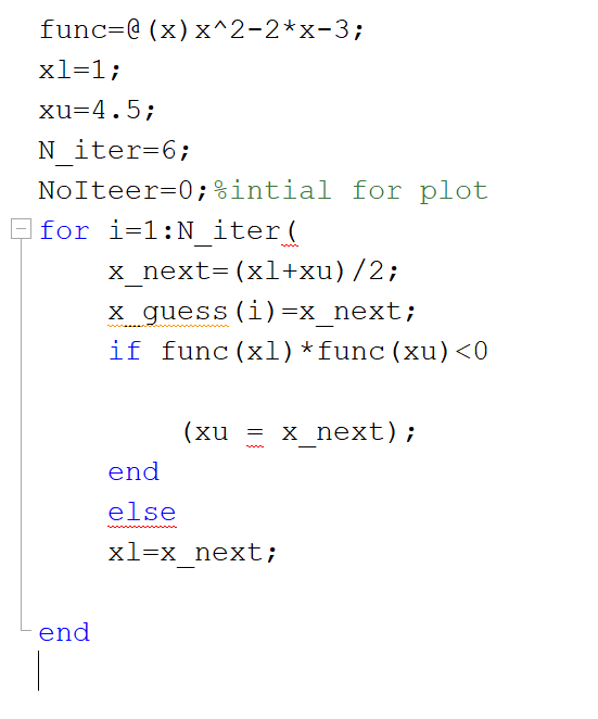 Solved func=@ (x) x^2-2*x-3; xl=1; xu=4.5; Niter=6; | Chegg.com