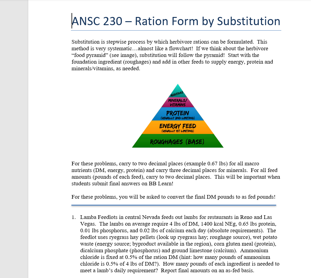 ANSC 230 – Ration Form by Substitution Substitution | Chegg.com