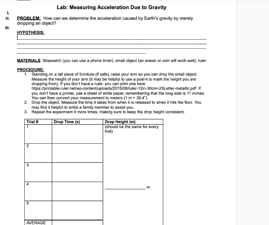 Solved Lab: Measuring Acceleration Due to Gravity I. II. | Chegg.com