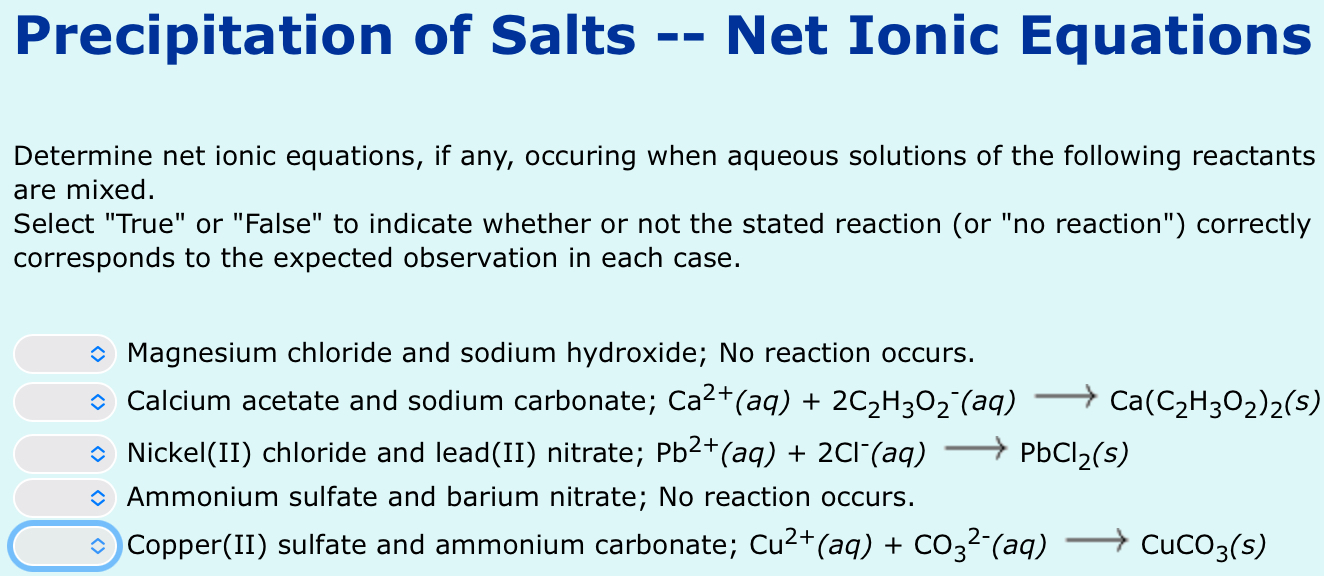 Solved Precipitation of Salts -- ﻿Net Ionic | Chegg.com