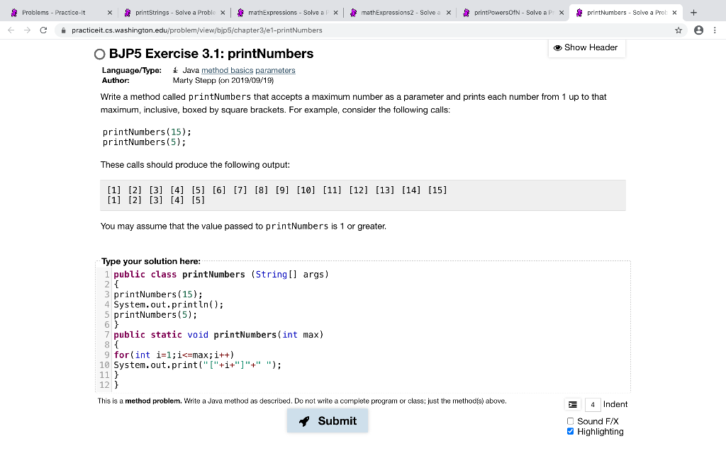 Solved Problems - Practice-it printStrings - Solve a Problem | Chegg.com