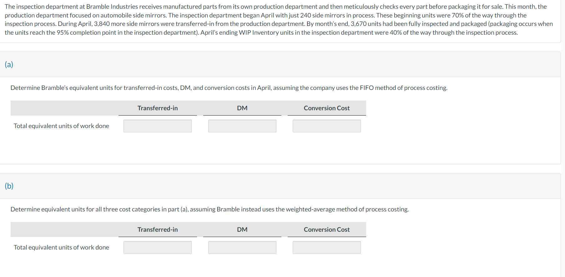 Solved The inspection department at Bramble Industries | Chegg.com