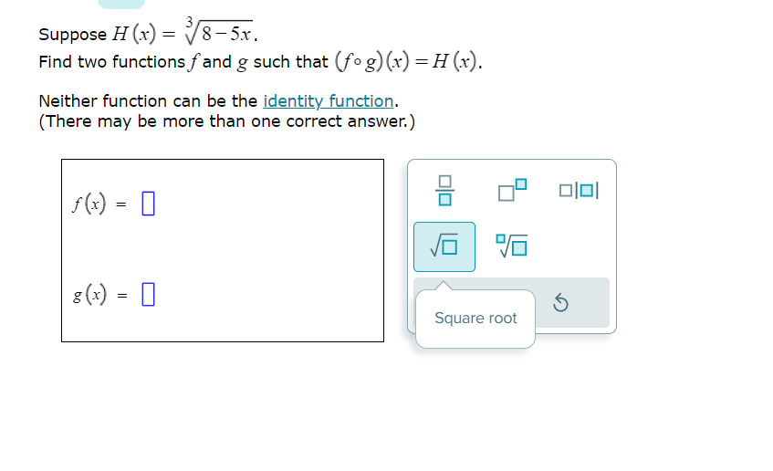 Solved Suppose H(x)=38−5x Find two functions f and g such | Chegg.com
