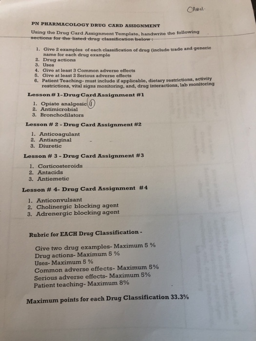 Solved CARol PN PHARMACOLOGY DRUG CARD ASSIGNMENT Using the | Chegg.com