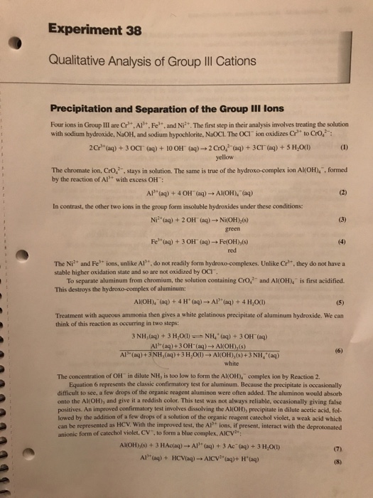 Solved Experiment 38 Qualitative Analysis of Group Ⅲ Cations | Chegg.com