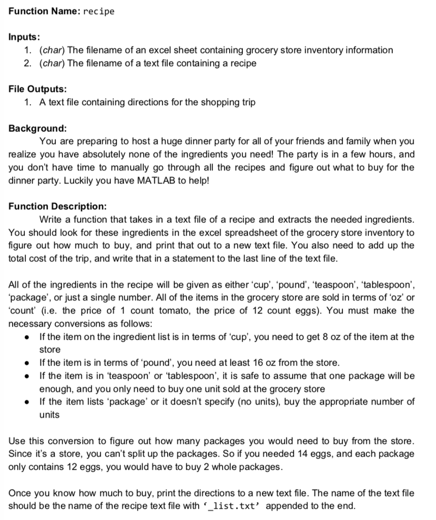 Solved Function Name: recipe Inputs: 1. (char) The filename | Chegg.com