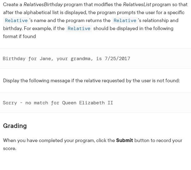 Solved Create a RelativesBirthday program that modifies the | Chegg.com