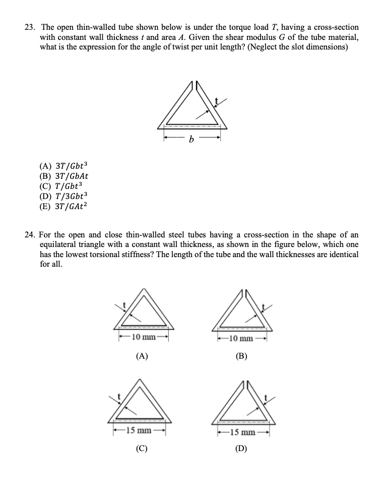 Solved 23. The open thin-walled tube shown below is under | Chegg.com