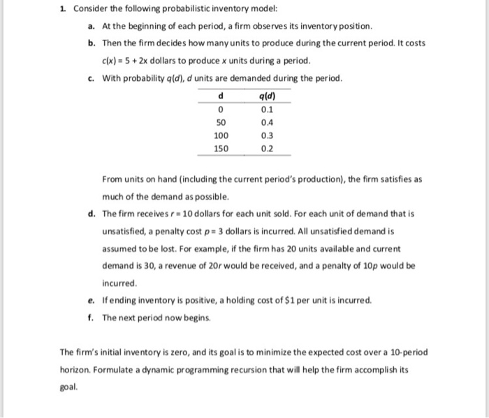Solved 1 Consider the following probabilistic inventory | Chegg.com
