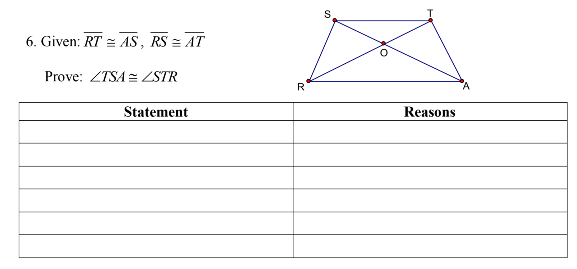 Solved 6. Given: RT≅AS,RS≅AT Prove: ∠TSA≅∠STR | Chegg.com