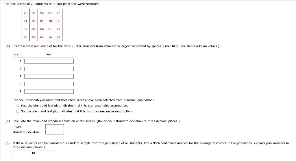 Solved The test scores of 20 students on a 100-point test | Chegg.com