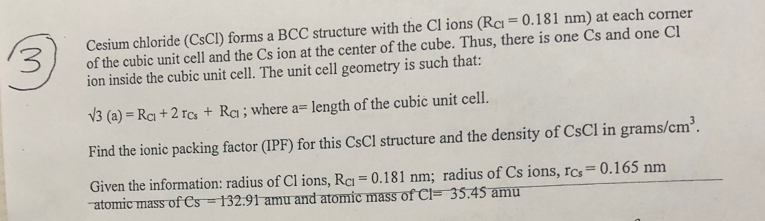 Cesium chloride (CsCl) forms a BCC structure with the | Chegg.com