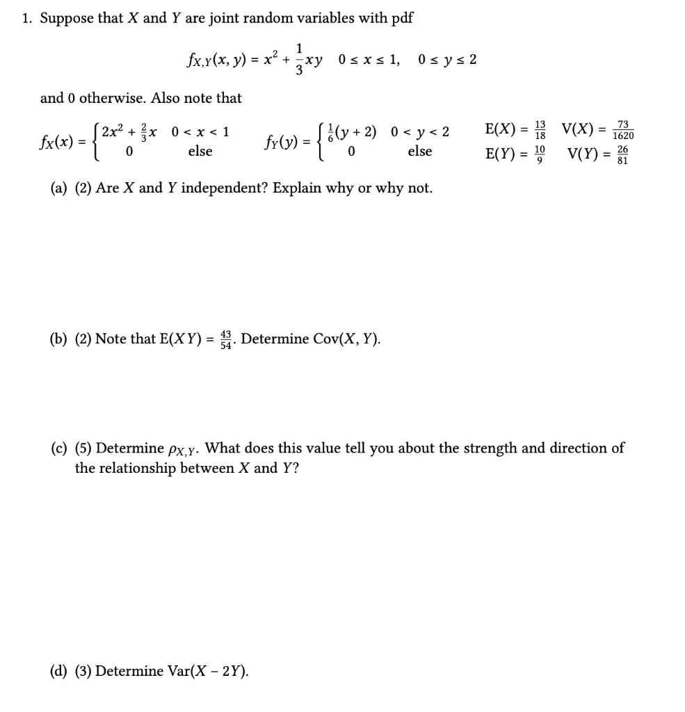 Solved 1. Suppose that X and Y are joint random variables | Chegg.com