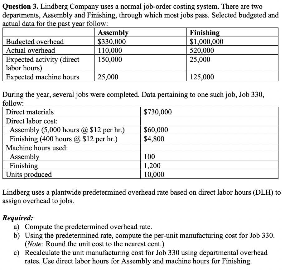 Solved Question 3. Lindberg Company uses a normal job-order | Chegg.com
