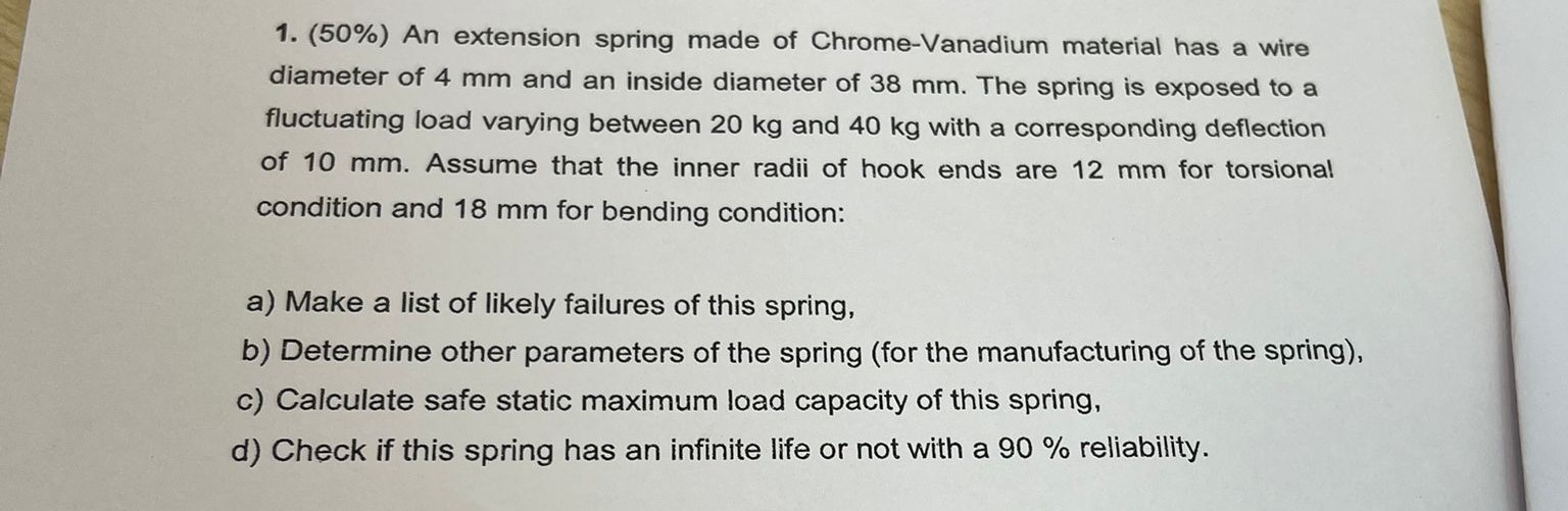 Solved 1. \( (50 \%) \) ﻿An extension spring made of | Chegg.com