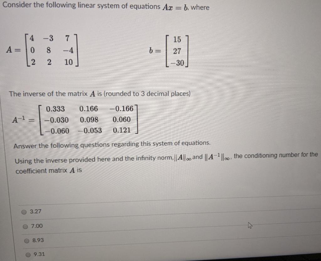 Solved Consider the following linear system of equations Ax | Chegg.com