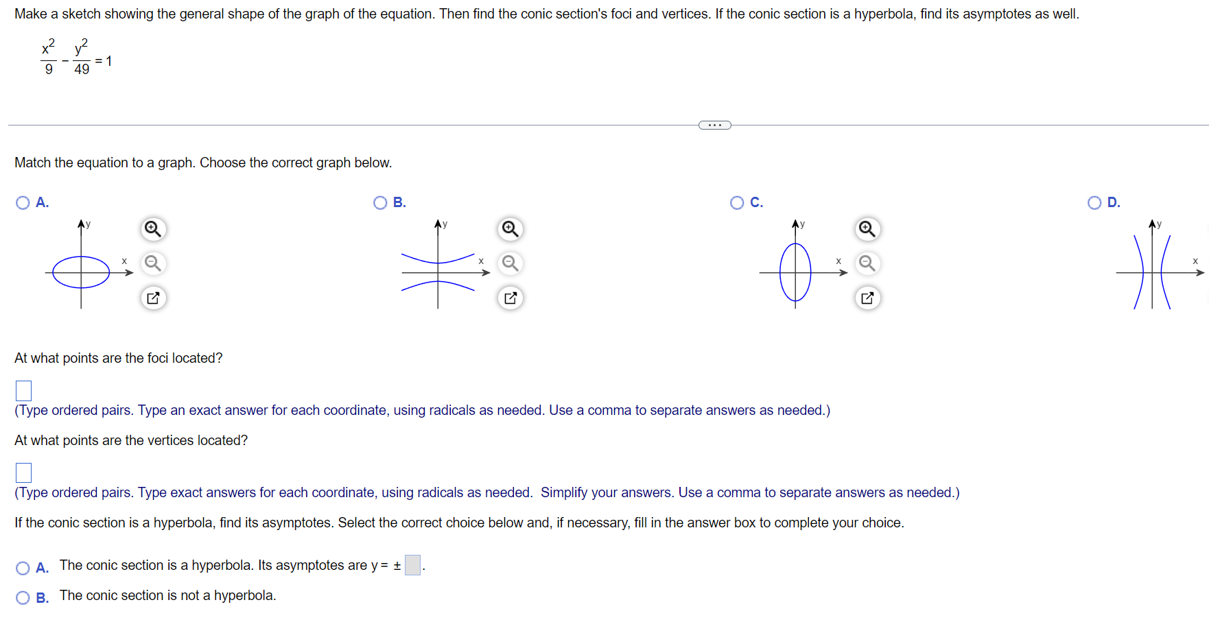 Solved 9x2−49y2=1 Match the equation to a graph. Choose the | Chegg.com