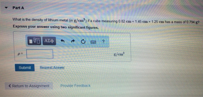 Solved Part A What is the density of lithium metal (in | Chegg.com