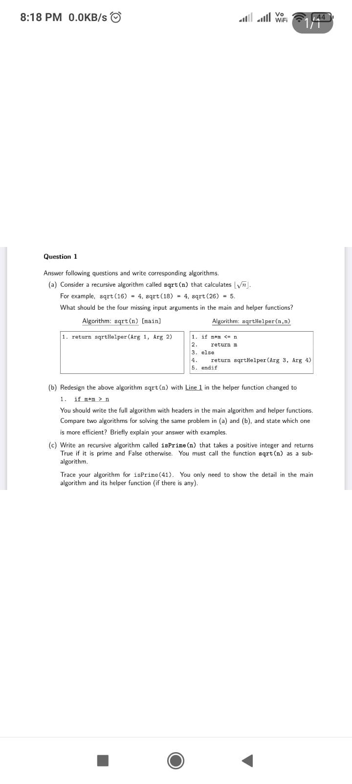 Solved 8:18 PM 0.0 KB/s will aill Woifi Wif 21/1, Question 1 | Chegg.com