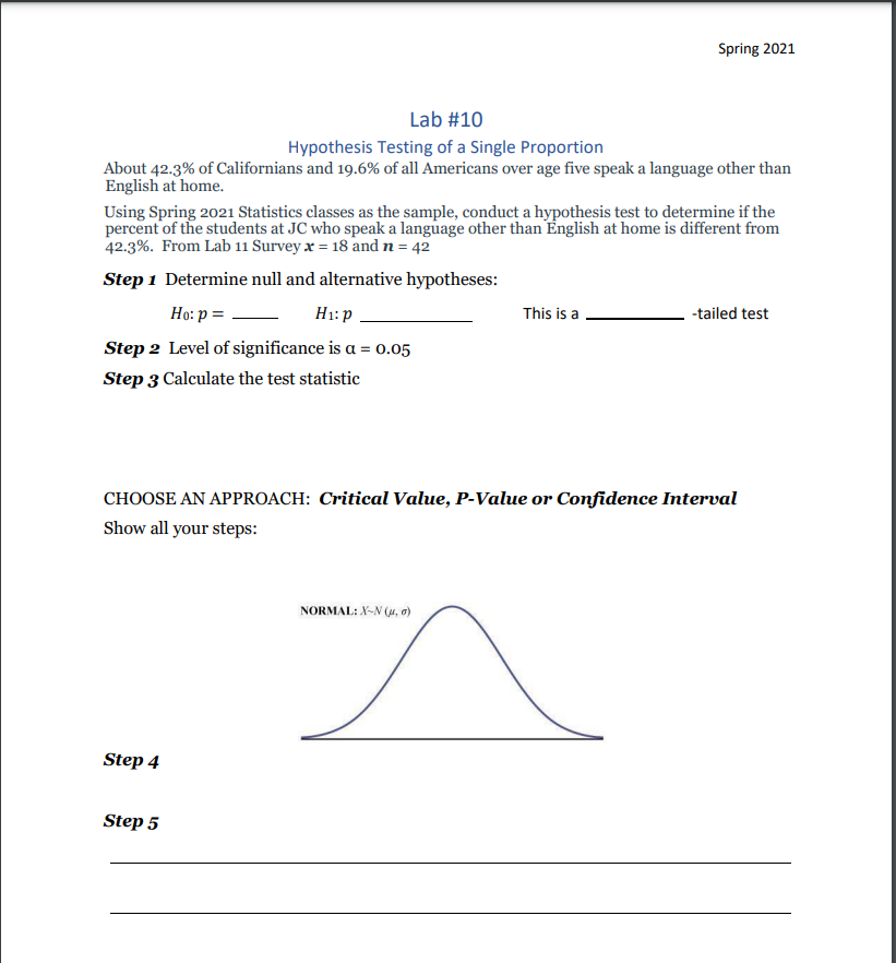 Solved Spring 2021 Lab #10 Hypothesis Testing of a Single | Chegg.com