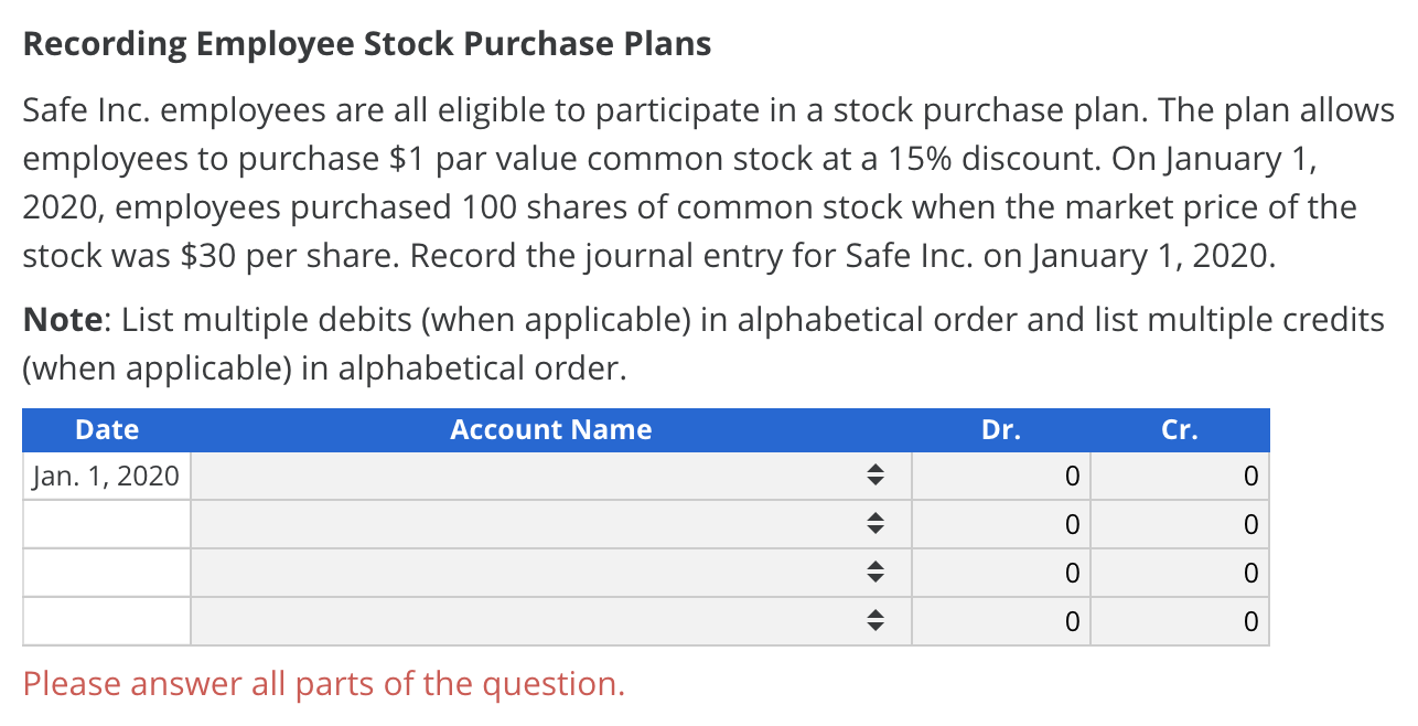 Solved Recording Employee Stock Purchase Plans Safe Inc. | Chegg.com