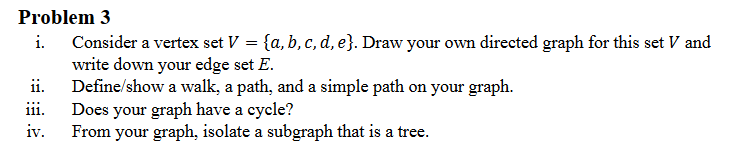 Solved = Problem 3 i. Consider a vertex set V {a,b,c,d, e}. | Chegg.com