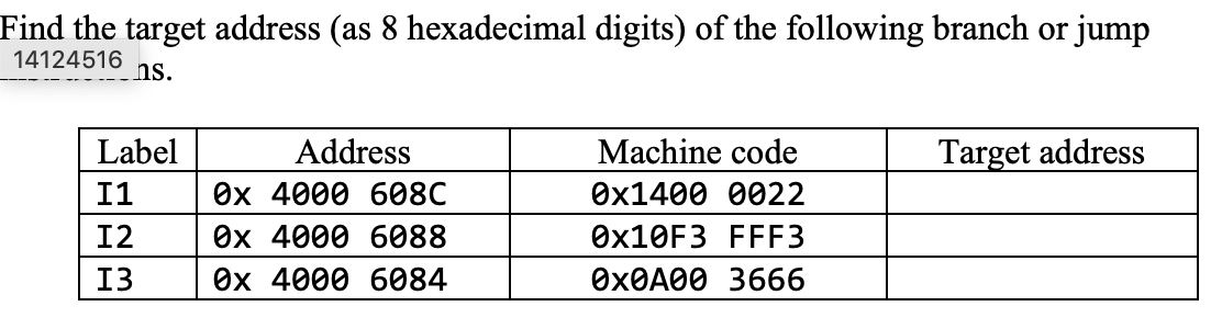 Solved Find the target address (as 8 hexadecimal digits) of | Chegg.com