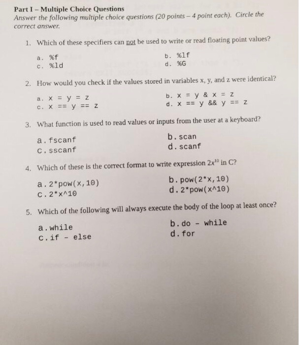 Multiple Choice Quiz Answers