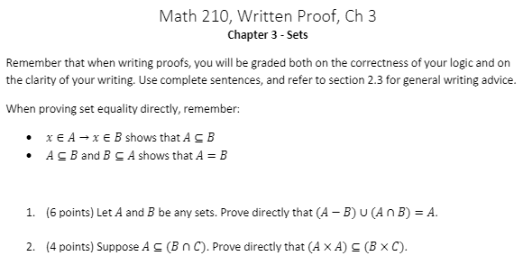 Solved Math 210, Written Proof, Ch 3 Chapter 3 - Sets | Chegg.com