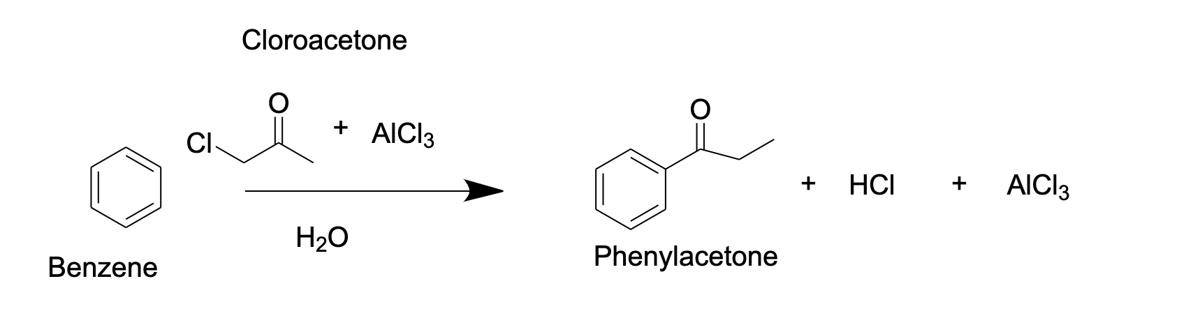 Solved Cloroacetone +HCl+AlCl3 Benzene Phenylacetone | Chegg.com